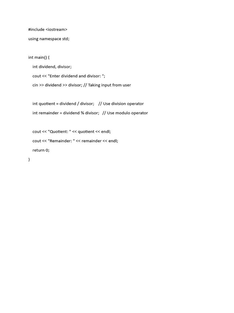C++ Program To Find Quotient and Remainder Using Basic Operators | PDF