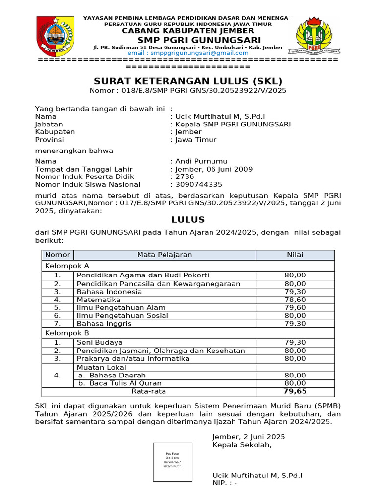 Surat Keterangan Lulus SMP PGRI | PDF