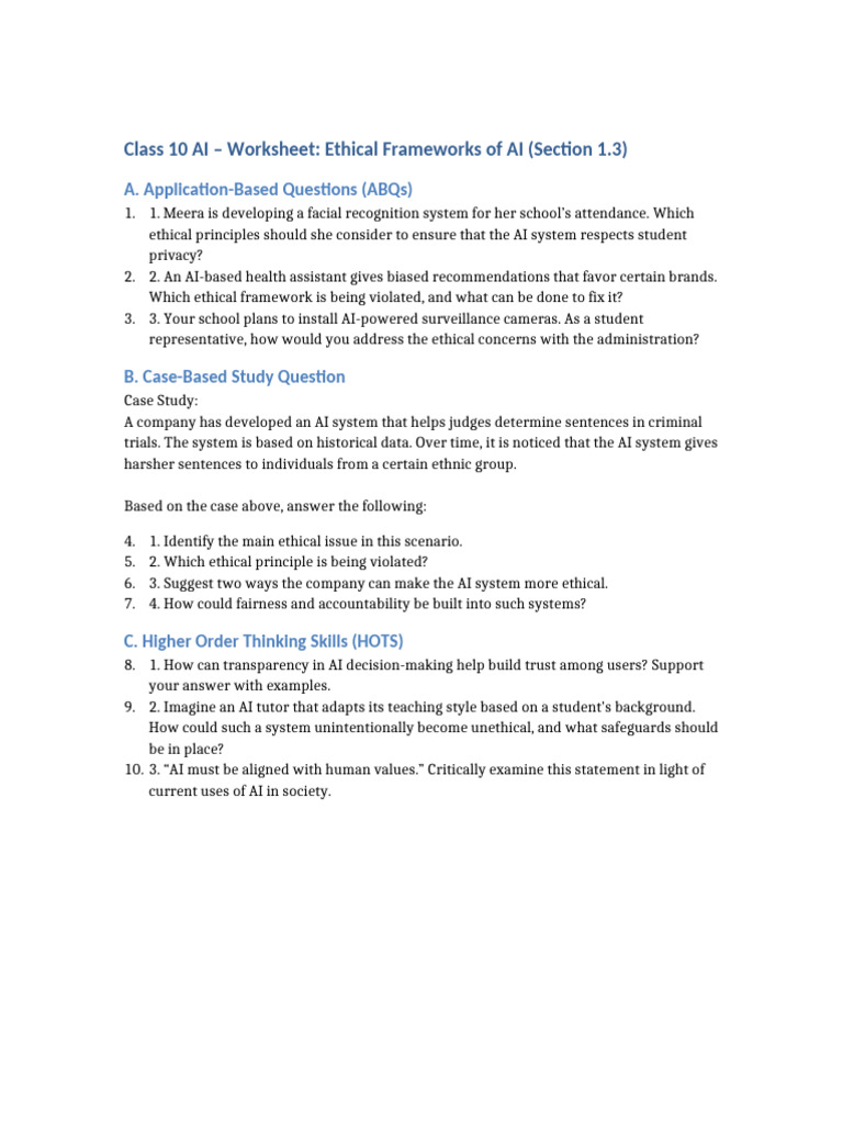 Ethical Frameworks for AI in Class 10 | PDF