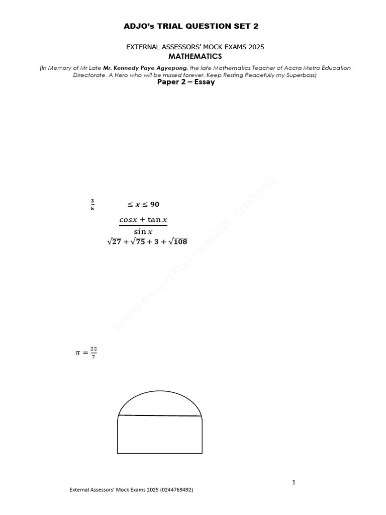 Mathematics - Adjo's Trial Question Set 2 Ed | PDF | Circle | Area