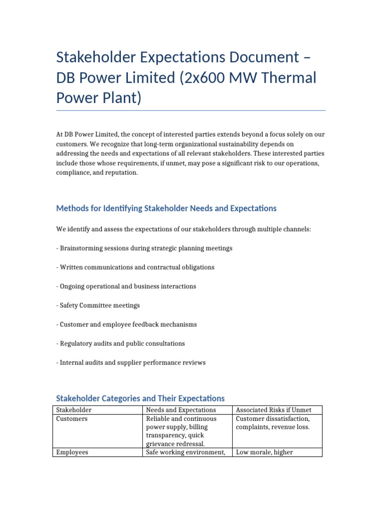 DB Power Stakeholder Expectations | PDF | Regulatory Compliance | Employment