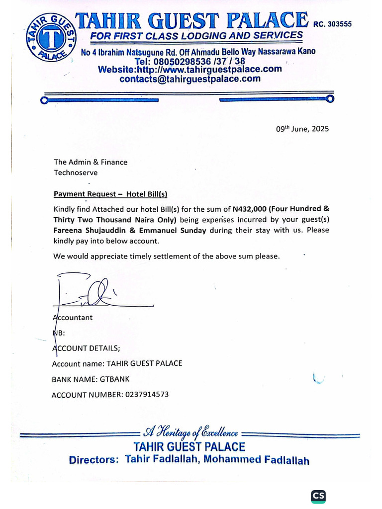 Payment Request Letter For TechnoServe To Hossy | PDF