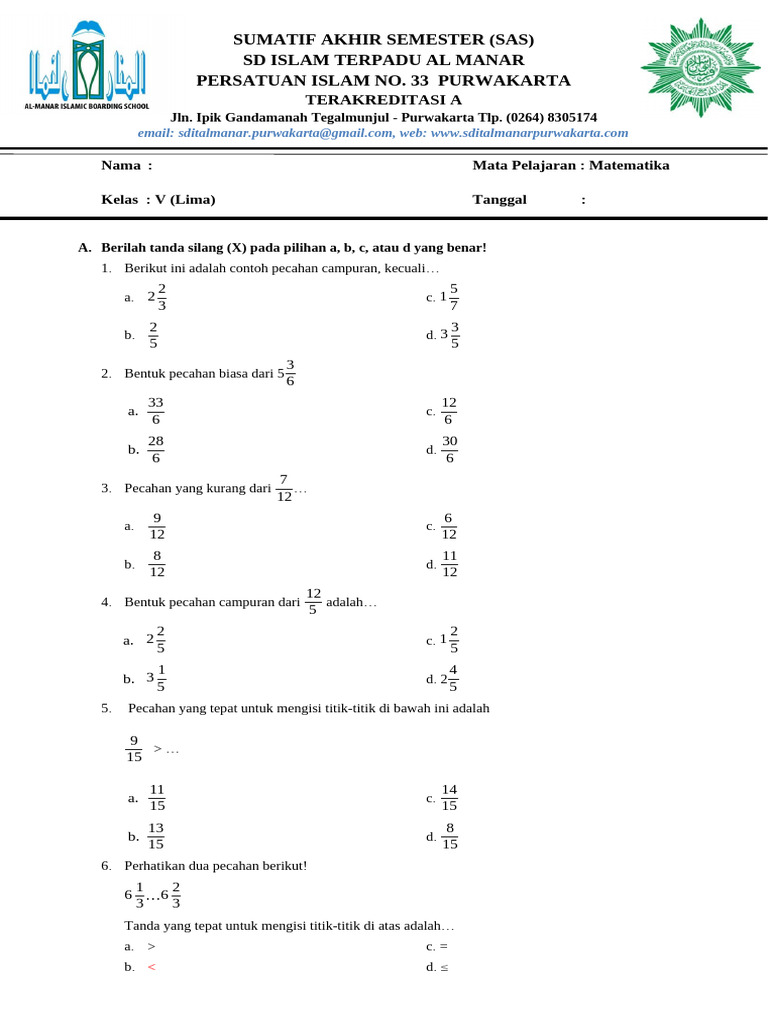SAS GANJIL 5 MATEMATIKA 2024-2025 SDIT AL MANAR | PDF