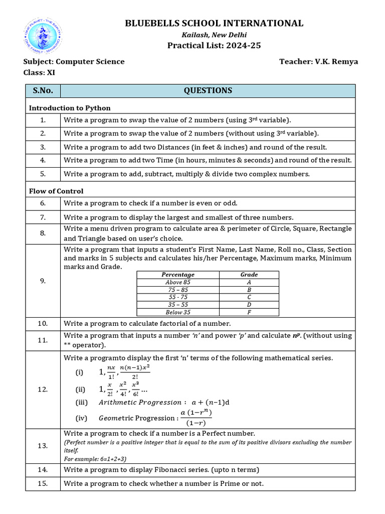 Xi - Practical File Questions (2024-25) | PDF | Numbers | String (Computer Science)