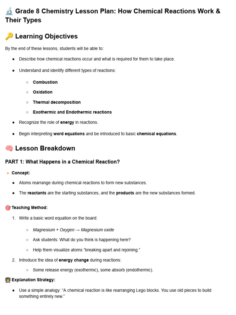 Grade 8 Chemistry Lesson Plan - How Chemical Reactions Work & Their ...