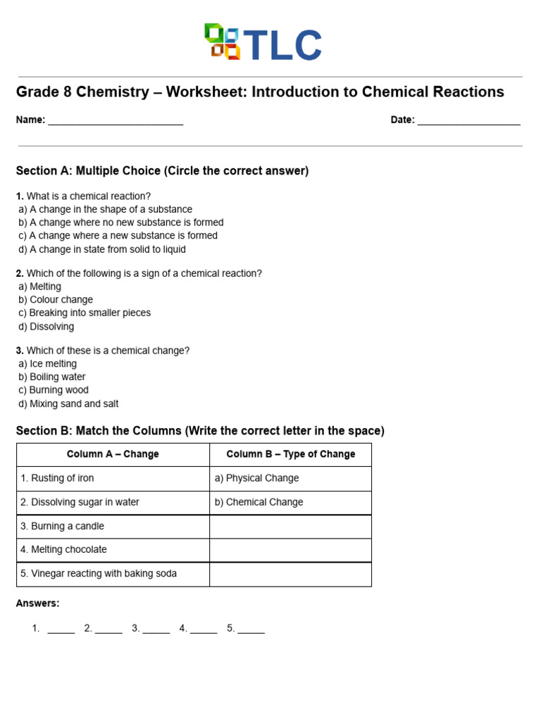 Grade 8 Chemistry - Worksheet - Introduction To Chemical Reactions | PDF