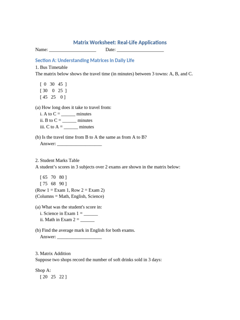 Matrix Worksheet Real Life | PDF