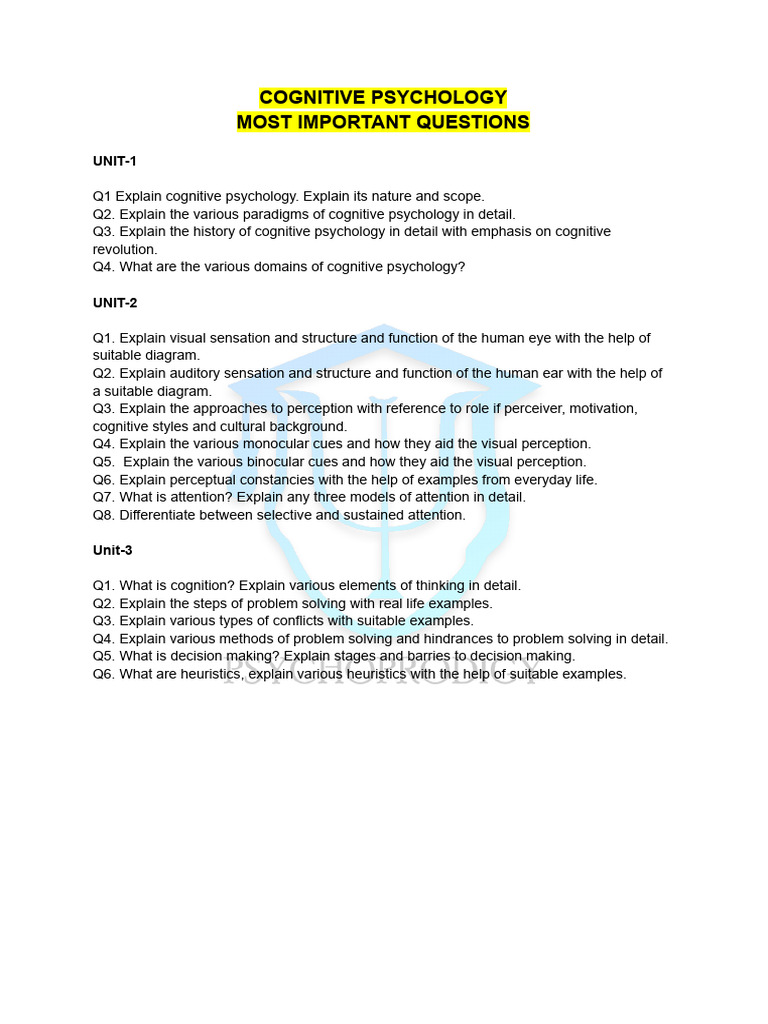 Cognitive Psychology Most Important Questions | PDF