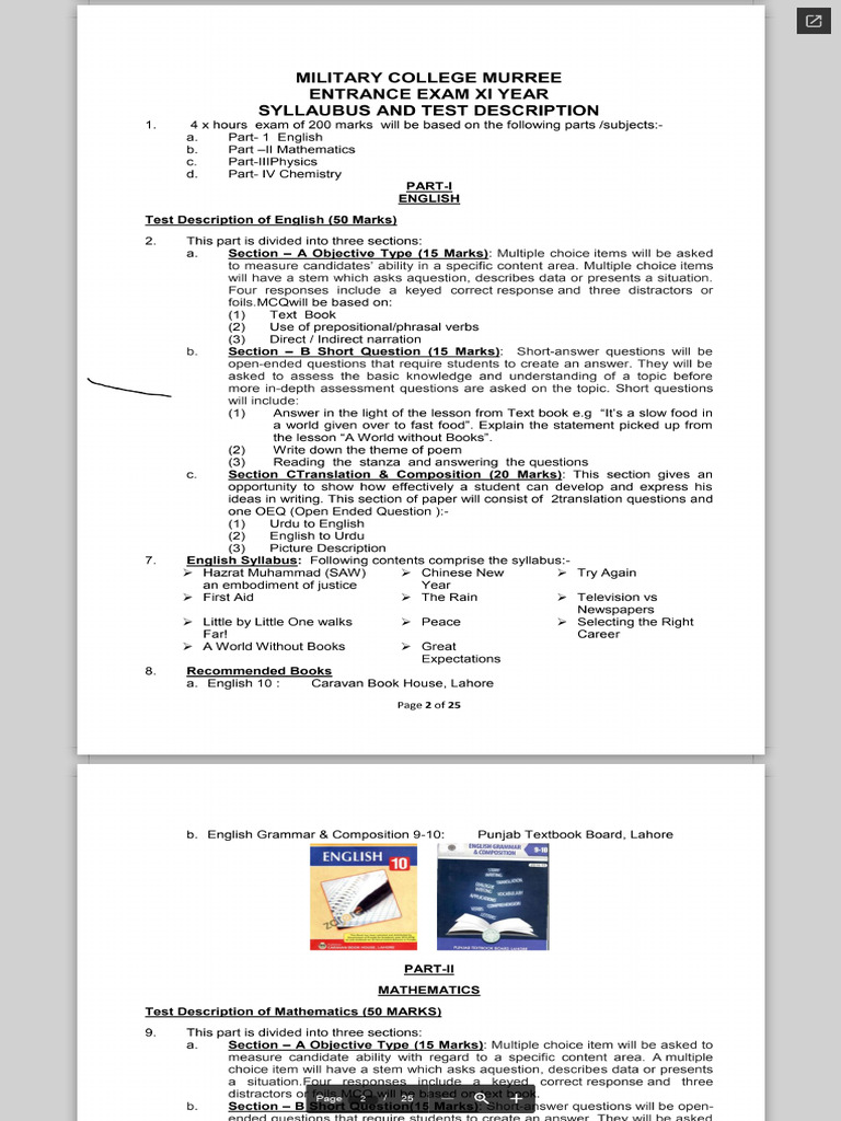 Military College Murree 11th Class Entry Test Sample Papers PDF | PDF ...