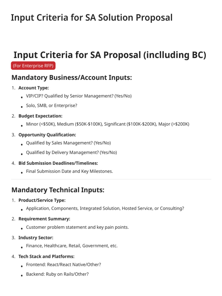 Input Criteria For SA Solution Proposal-2025061016461150 | PDF