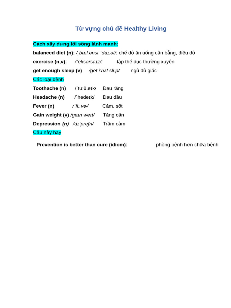 Từ Vựng Chủ Đề Healthy Living | PDF