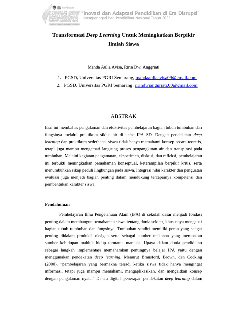 Transformasi Deep Learning Untuk Meningkatkan Berpikir Ilmiah Siswa | PDF