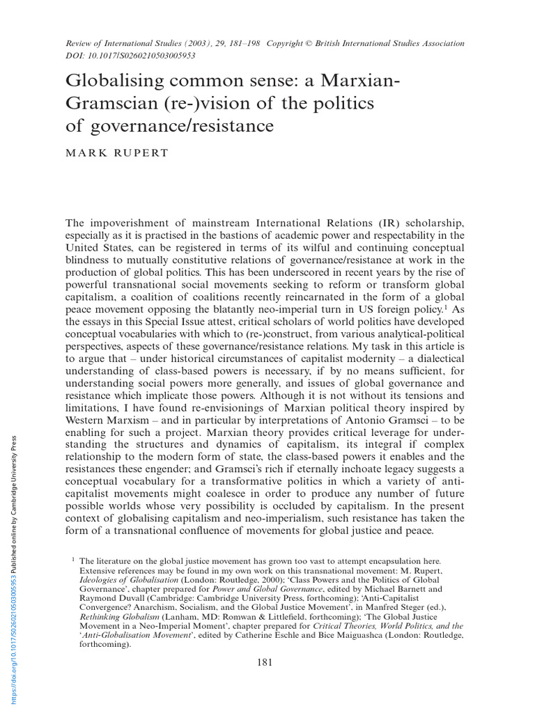 2 Globalising Common Sense: A Marxian - Gramscian | PDF | Capitalism ...