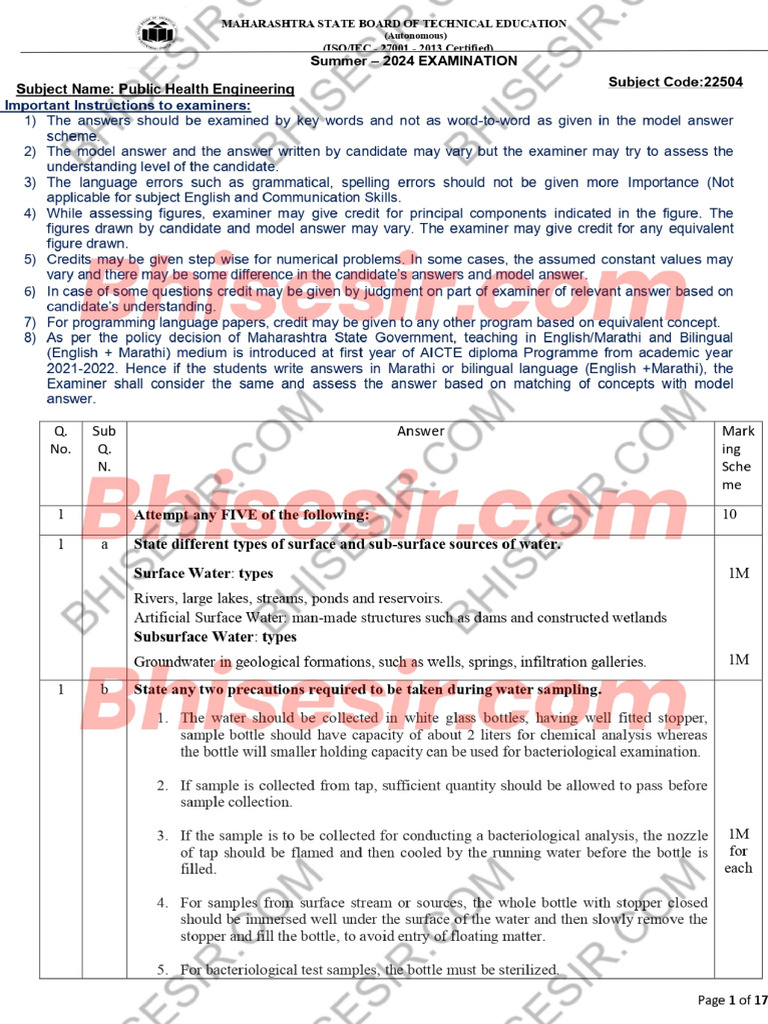 Public Health Engineering Summer 2024 Model Answer. | PDF