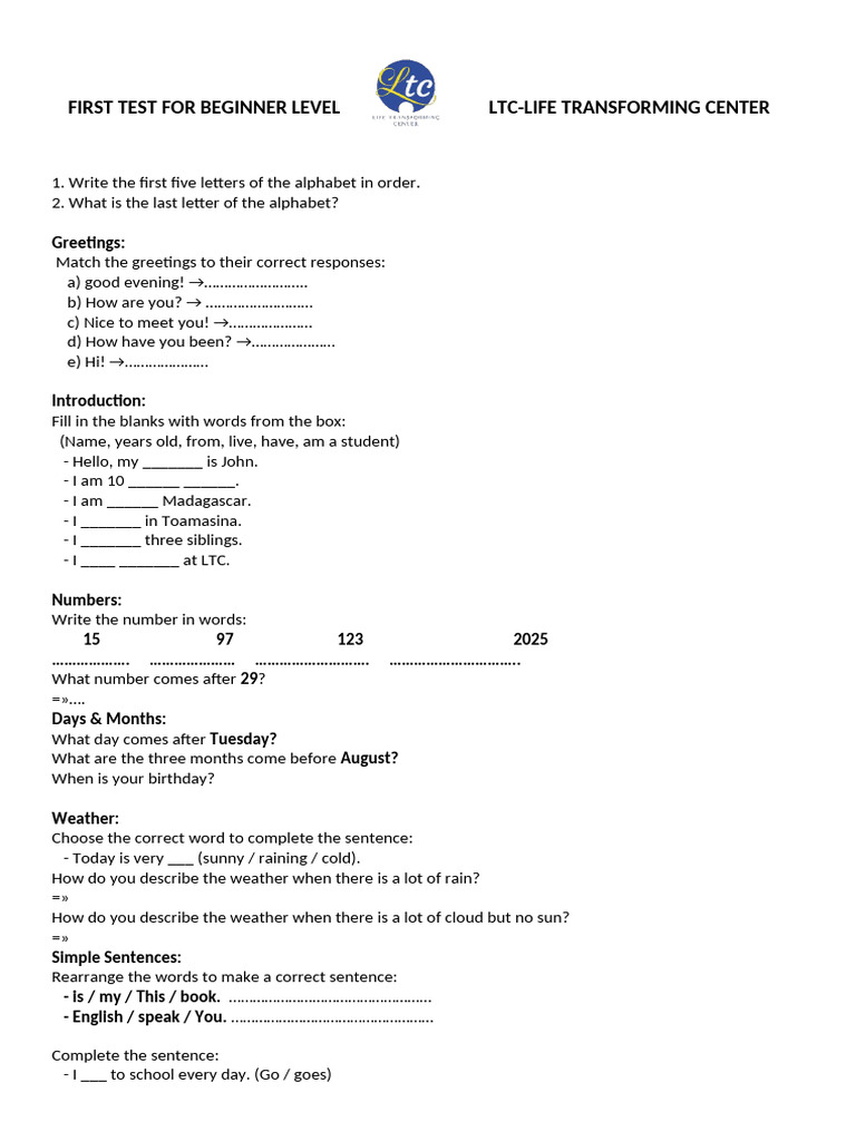First Test For Beginner Level LTC | PDF | Linguistics