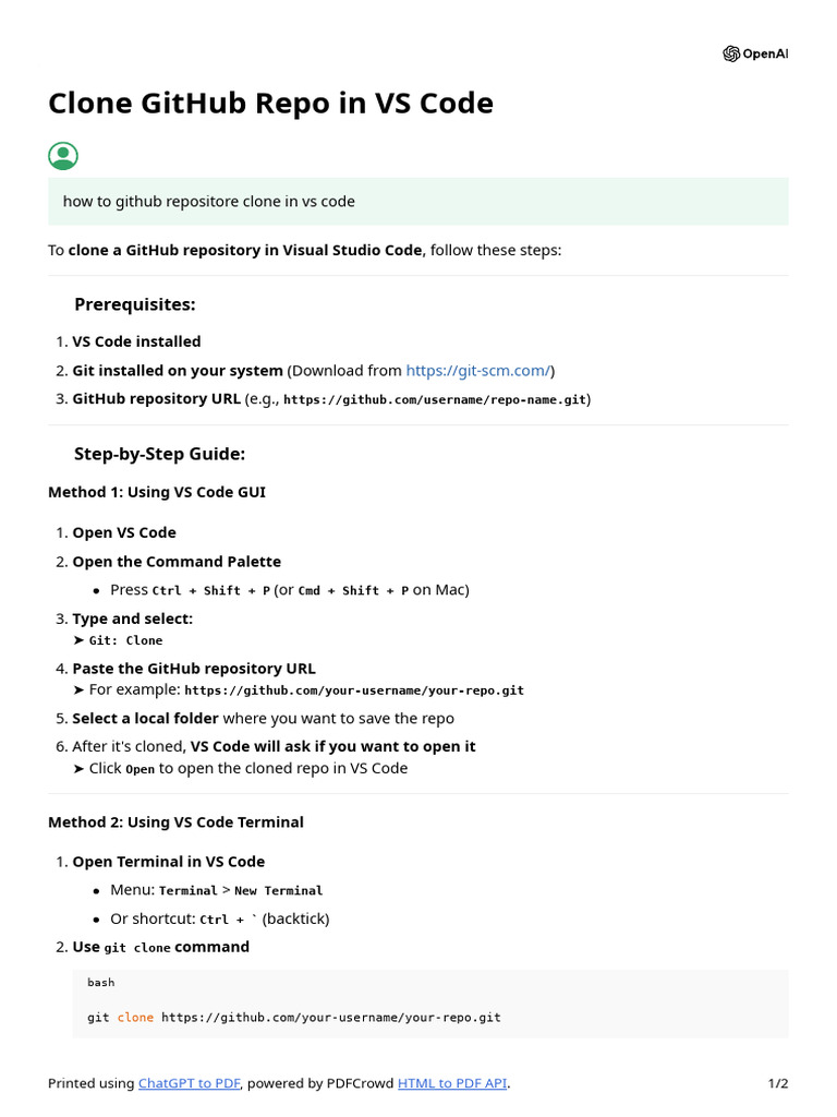 Clone GitHub Repo in Vs Code | PDF