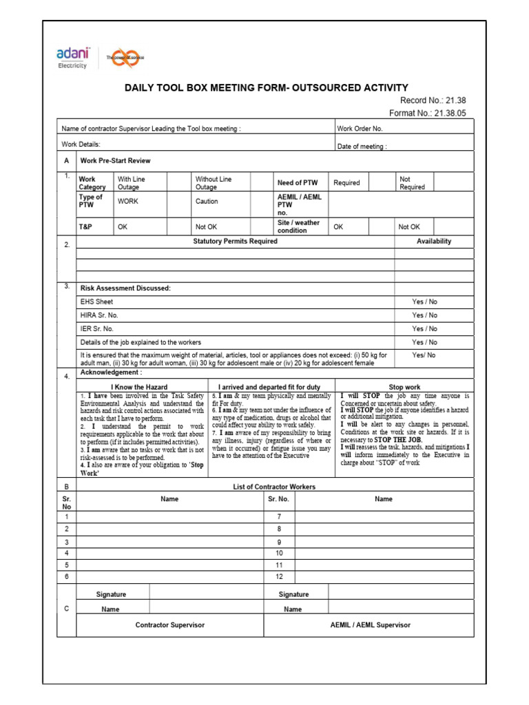 Daily Tool Box Meeting Form | PDF | Hazards | Working Conditions