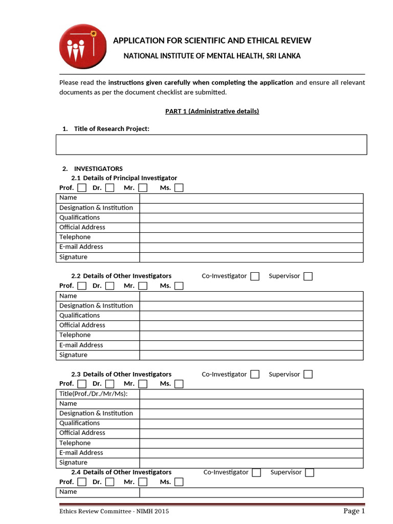 Application Form For NIMH ERC | PDF | Clinical Trial