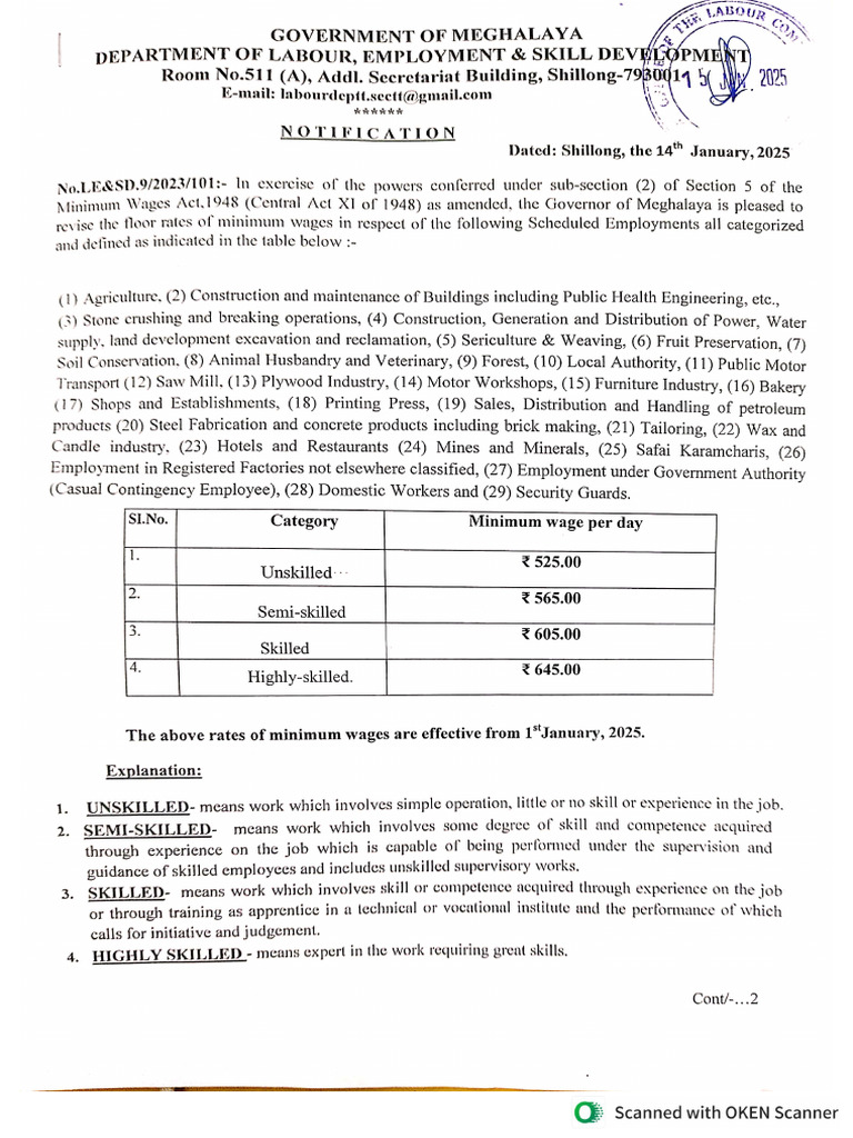 Meghalaya Minimum Wages Notification Jan 2025 | PDF