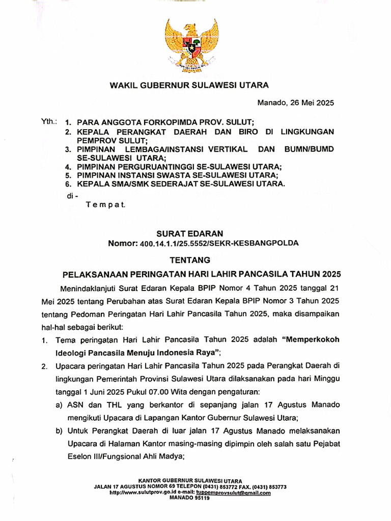 Surat Edaran Harlah Pancasila 2025 | PDF