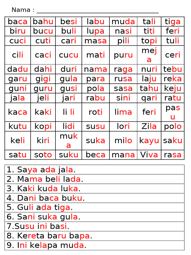Bacaan Perkataan KVKV | PDF