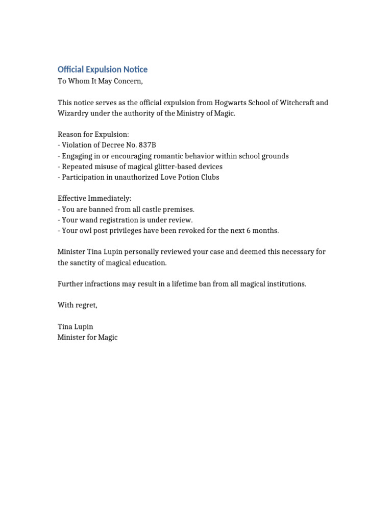 Expulsion Notice Tina Lupin | PDF