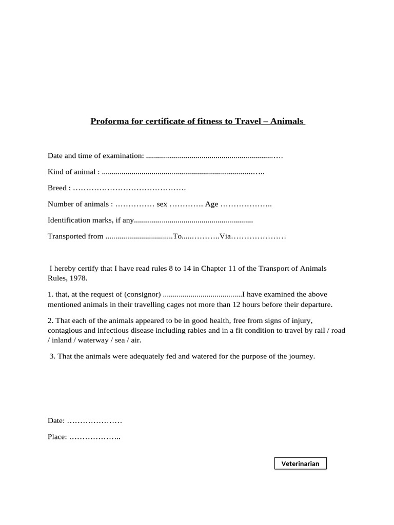 Animal Transport Fitness Certificate | PDF