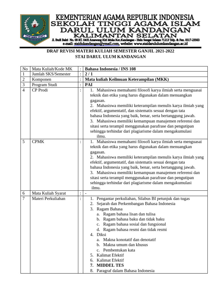 Evaluasi MK Bahasa Indonesia 2021 | PDF