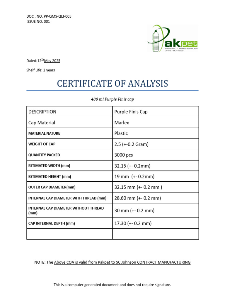 COA For Finis 400 ML Purple Cap | PDF