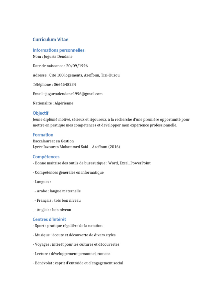 CV de Jugurta Dendane - Jeune Diplômé | PDF
