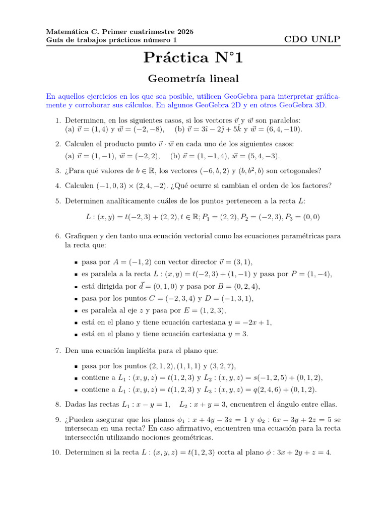 Tp1 Mate C Geometria Lineal | PDF | Línea (geometría) | Vector Euclidiano
