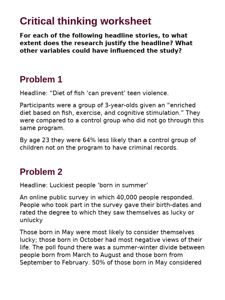 Critical Thinking Worksheet | PDF