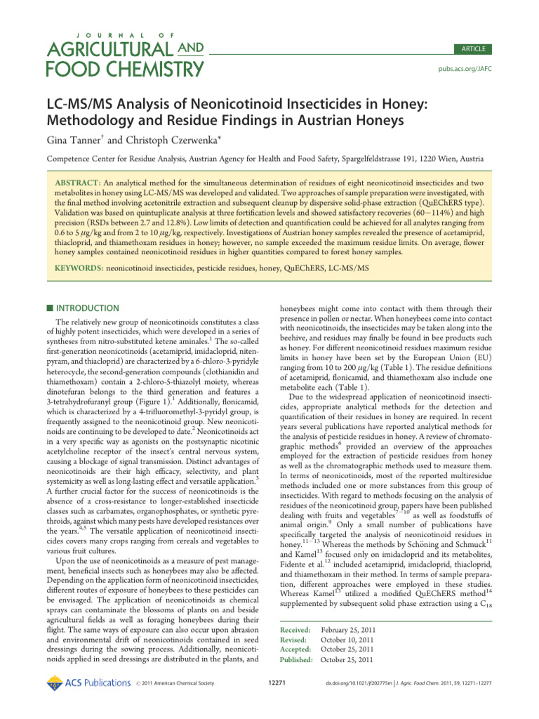 LCMSMS Analysis of Neonicotinoid Insecticides in Honey | PDF | Liquid ...
