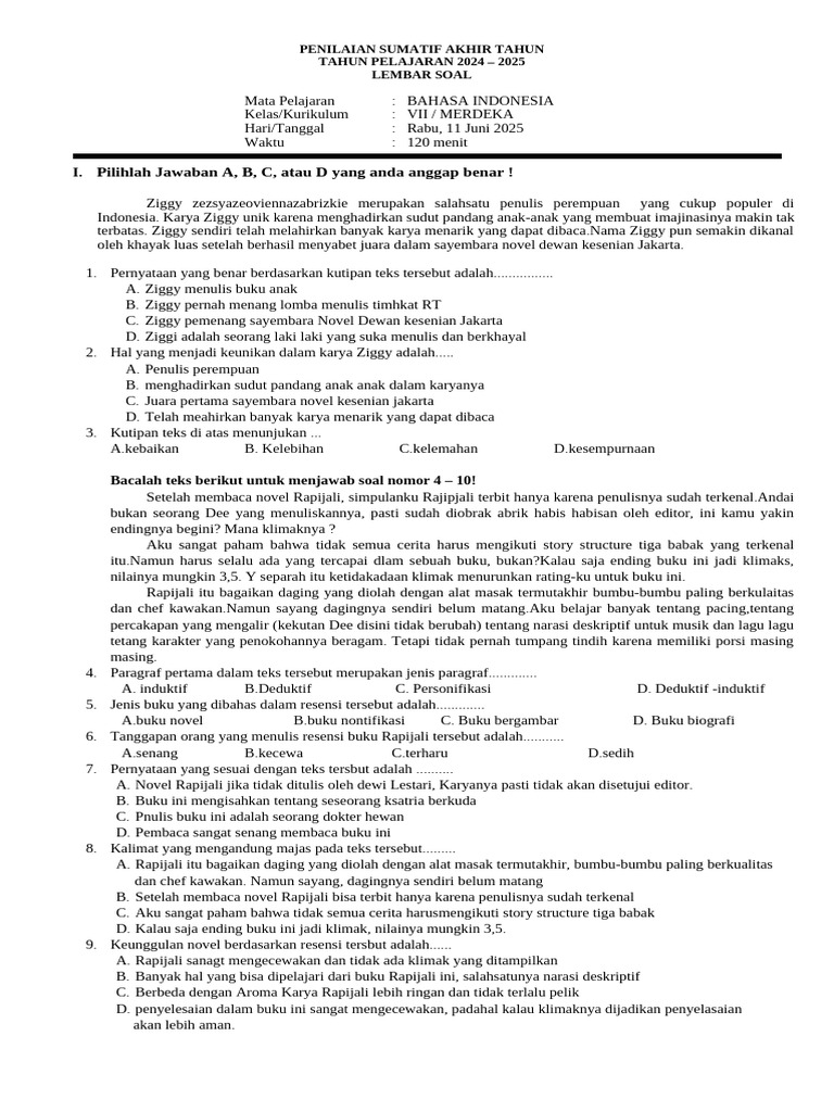 Soal BHS, Indonesia Psat 2024-2025 KLS.7 | PDF