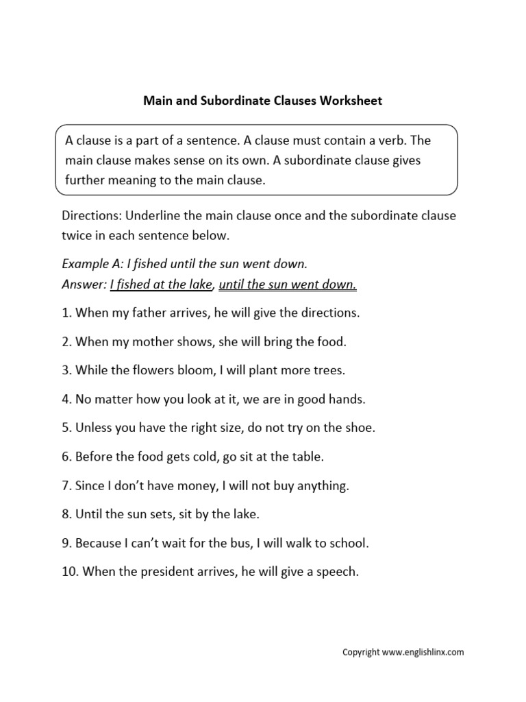 Main and Subordinate Clauses Worksheet | PDF