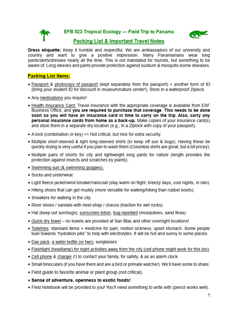 Packing List & Other Travel Notes - Panama - 2025 | PDF