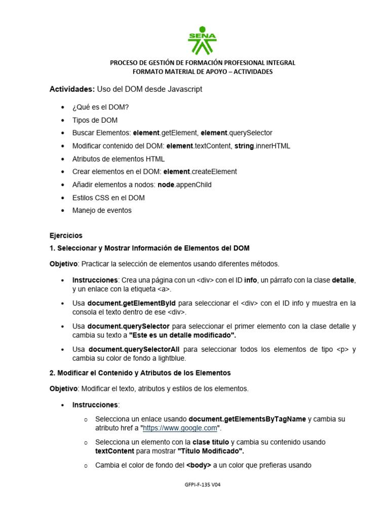 Actividades Manejo Del DOM | PDF | Modelo de objeto de documento | Botón (Computación)