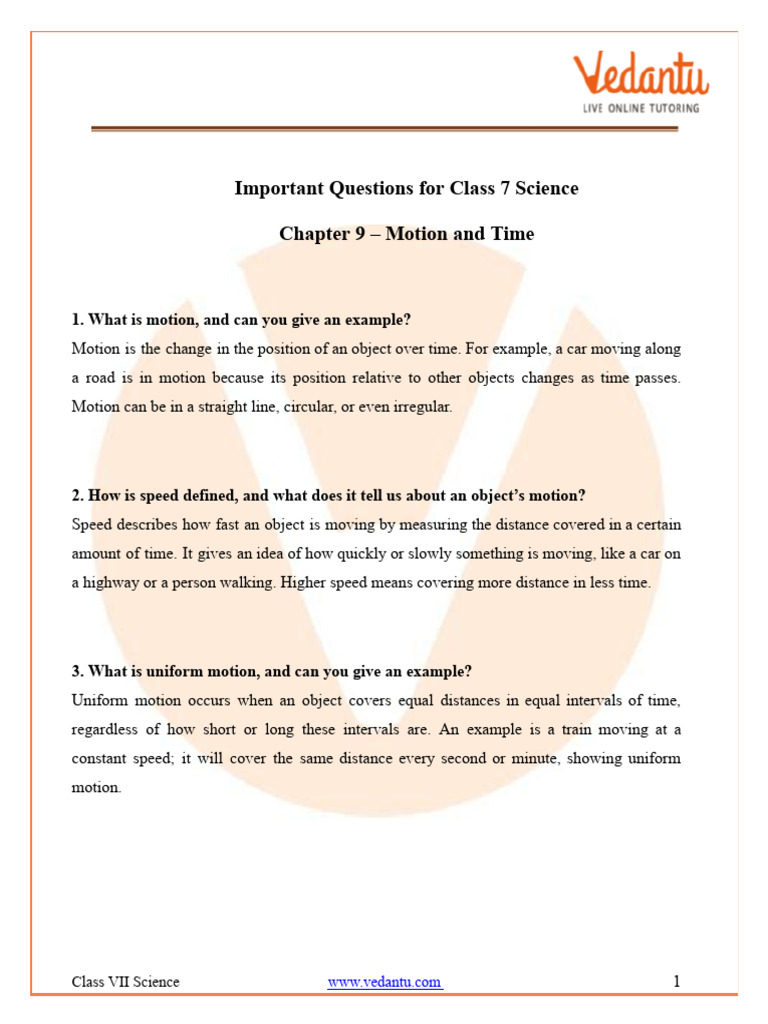 Important Questions For CBSE Class 7 Science Chapter 9 - Motion and ...