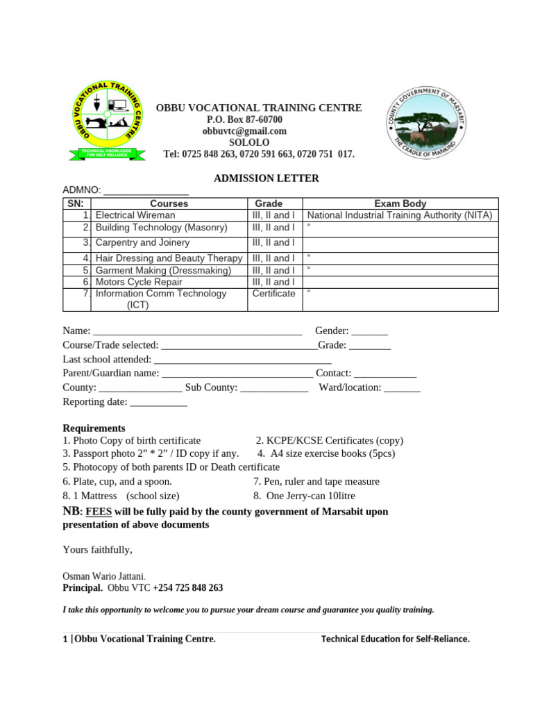 Obbu VTC Admission Letter 2025 | PDF | Vocational Education