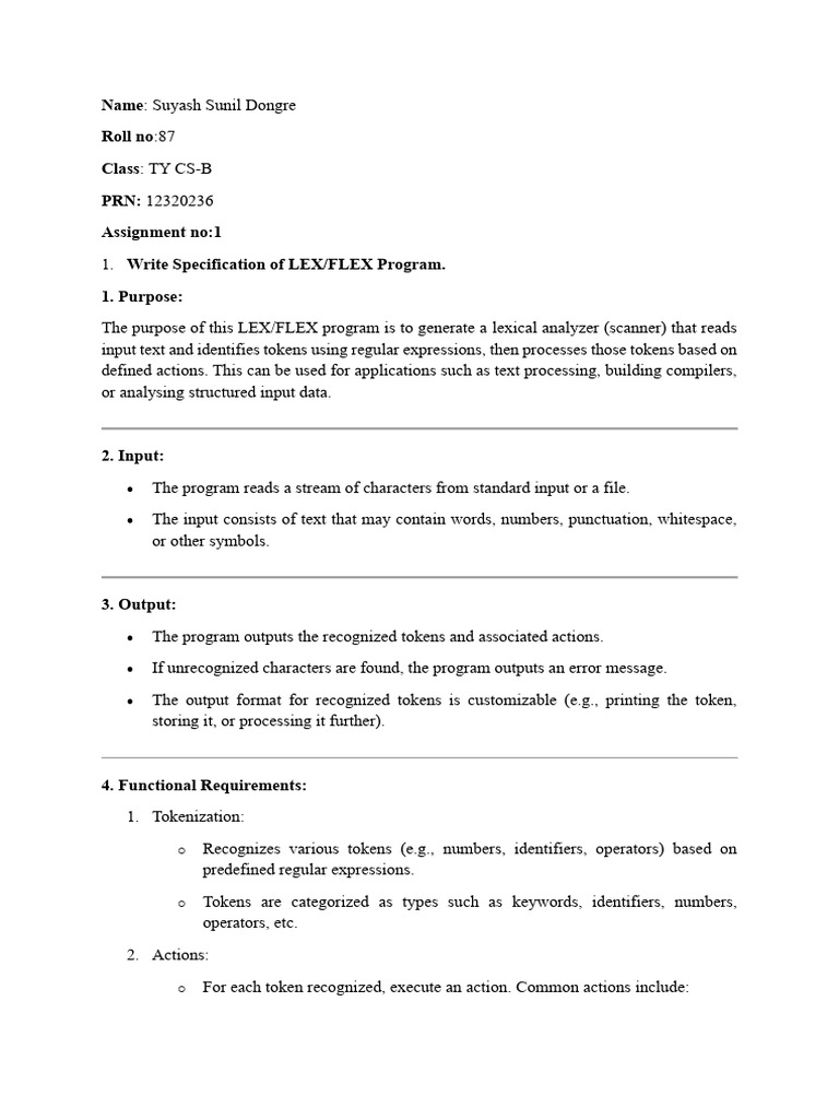 Compiler Design Assignment Write Specification of LEX/FLEX Program. | PDF | Regular Expression ...