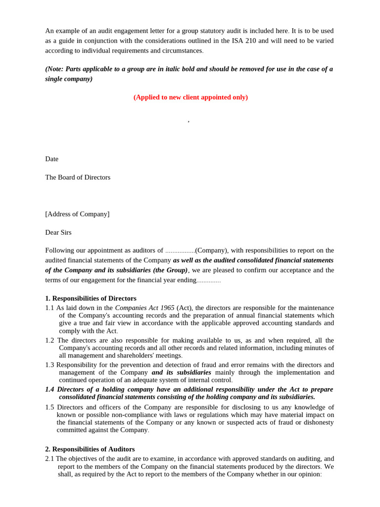 Group Audit Engagement Letter Template | PDF | Audit | Internal Control
