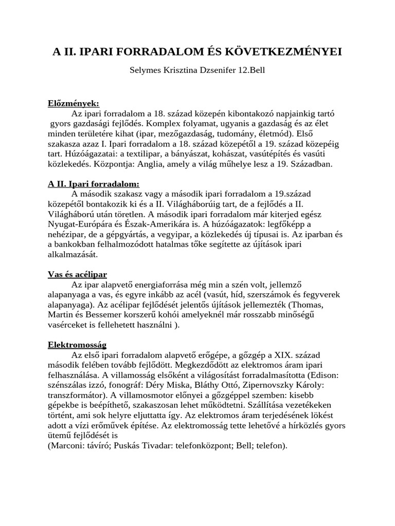 A II. Ipari Forradalom És Következményei | PDF