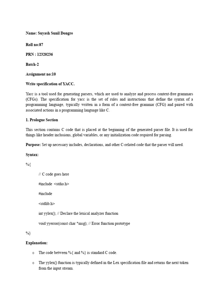 Write specification of YACC | PDF | Parsing | C (Programming Language)