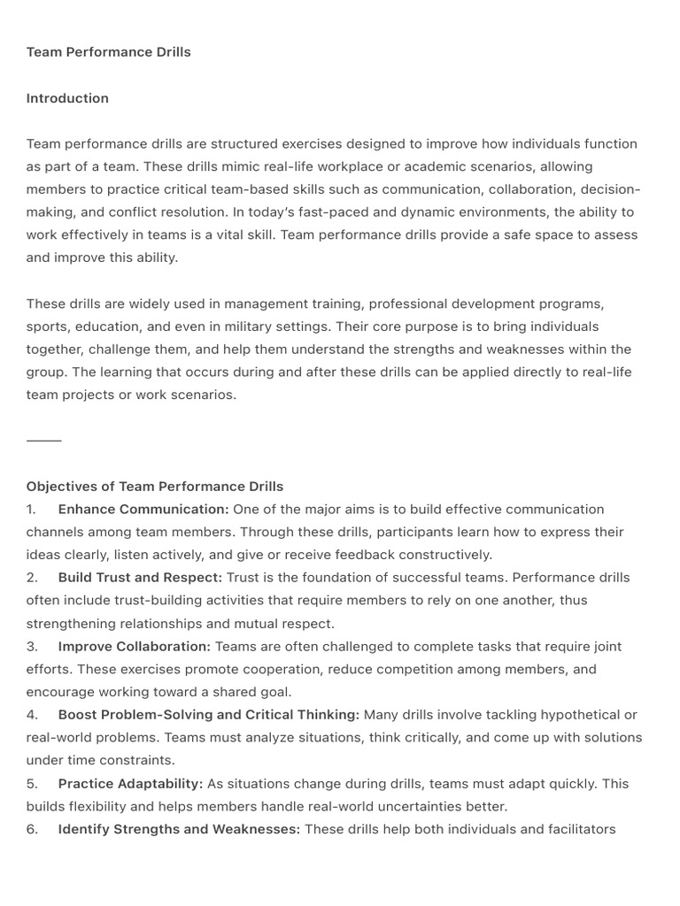Team Performance Drills | PDF | Communication | Collaboration