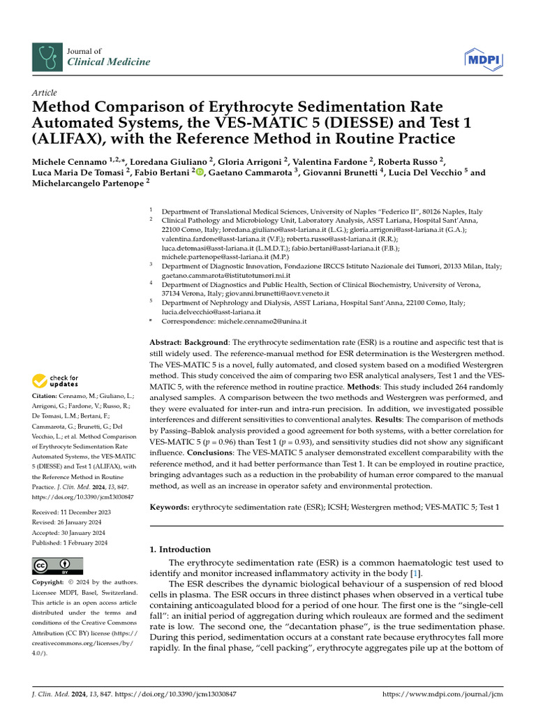 Method Comparison of Erythrocyte Sedimentation Rate Automated Systems ...
