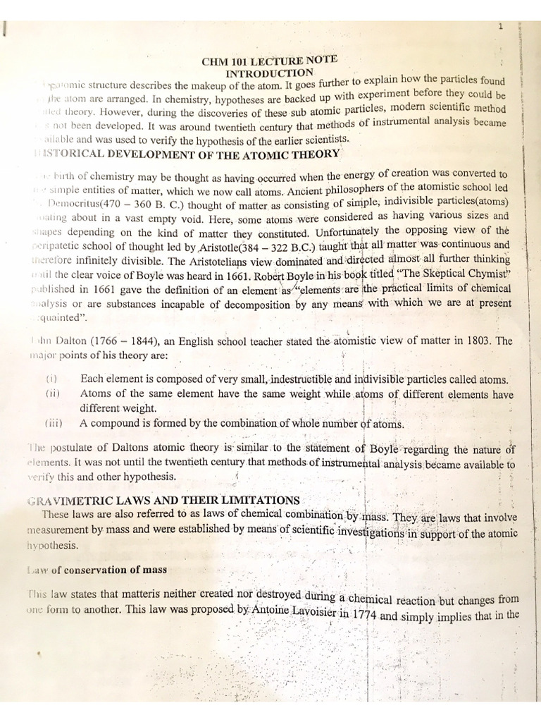 CHM 101 NOTE ON INDUCTION TO CHEMISTRY FOR FIRST YEAR | PDF