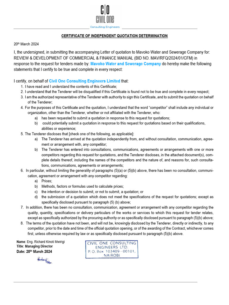Certificate of Independent Quotation | PDF