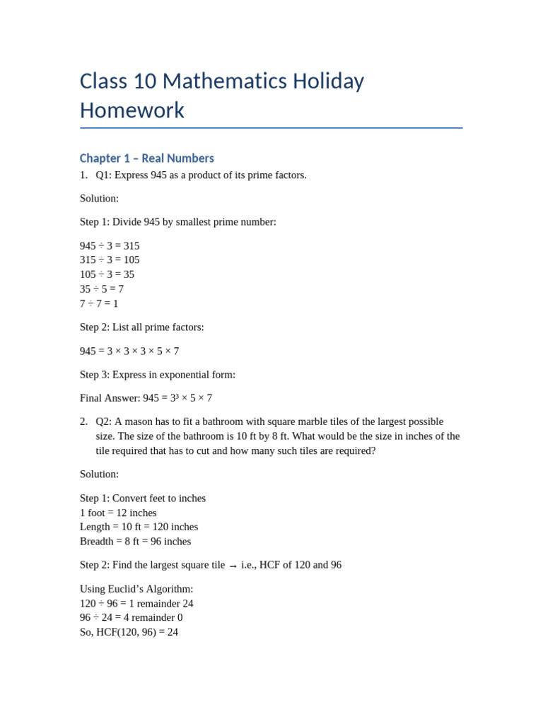 Class 10 Maths Holiday Homework Ch1 | PDF