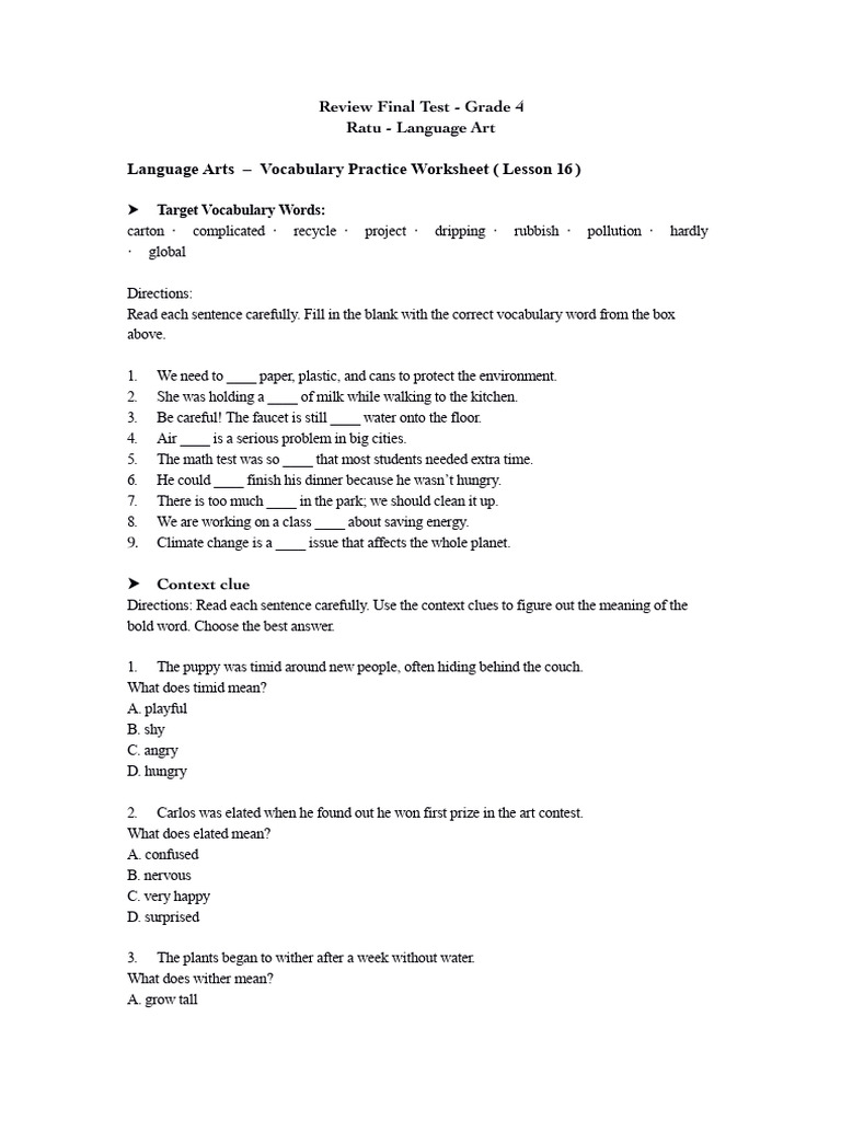 La Final Test Review - Grade 4 | PDF