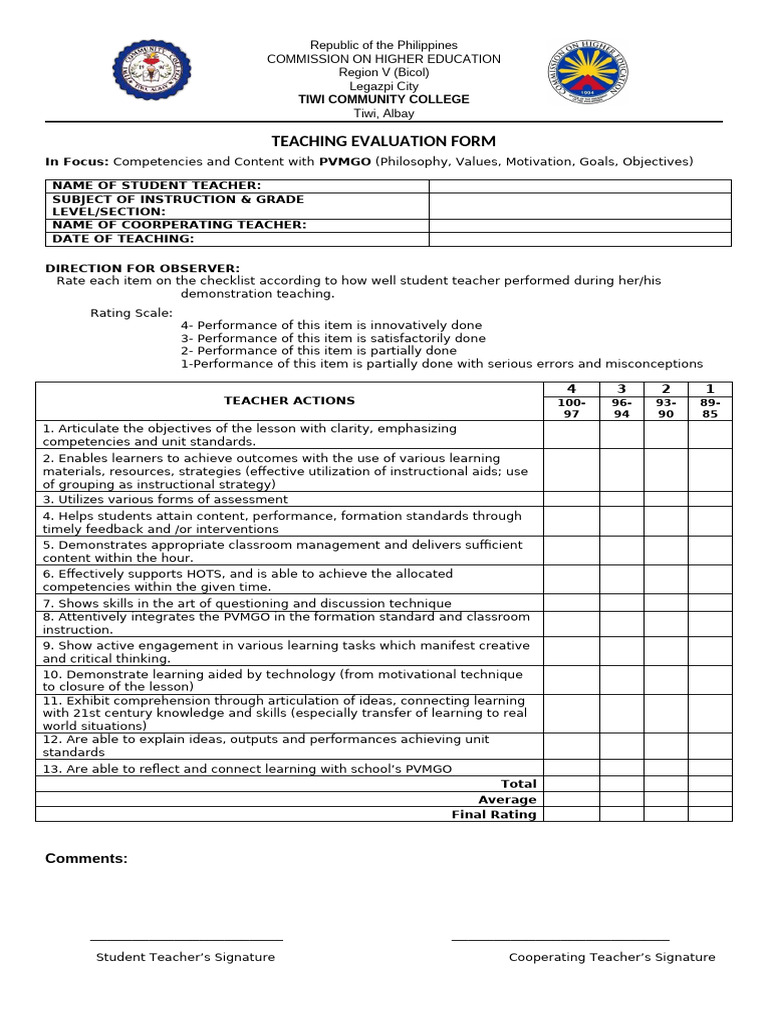Evaluation For PT Form 1 1 1 | PDF | Teachers | Learning